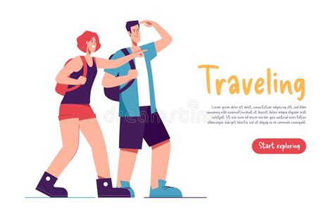 Vector Illustration Of A Couple Of Tourists Travelers With Backpacks