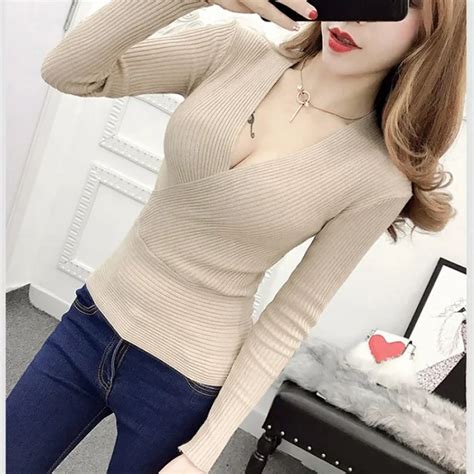 Ladies Sexy Low Cut V Neck Knitted Elastic Sweater 2017 Women Winter
