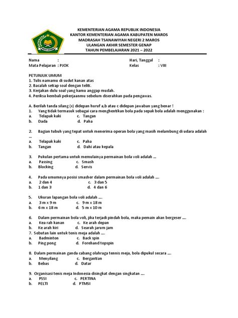 Soal Pjok Kelas 8 Semester Genap Pdf
