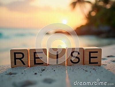 Wooden Cubes Spelling Reise On Tropical Beach At Sunset Signifying