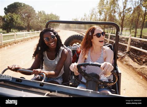 Happy Women Laughing And Vacation With Road Trip In Nature And Funny