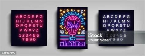 놀이 공원 플라이어의 네온 풍선 포스터 인쇄 술 디자인 서식 파일 놀이 공원 관광 명소에 대 한 광고는 밤 놀이 공원 네온 간판 벡터 일러스트 레이 션 편집 텍스트 네온