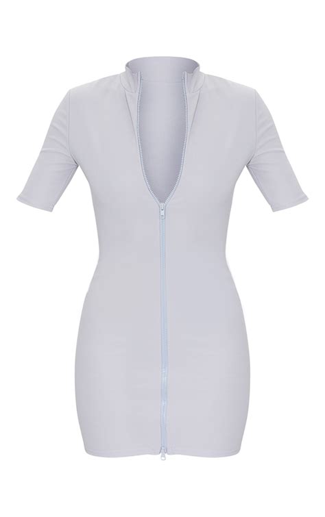 Grey Zip Front Rib Short Sleeve Bodycon Dress Prettylittlething Usa