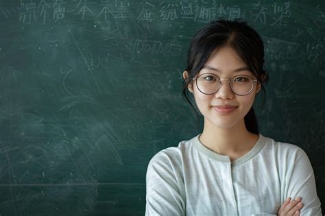 A Young Chinese Teacher With Glasses And A Friendly Smile Standing