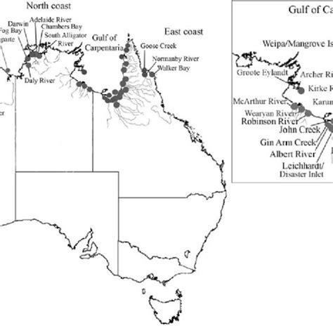 Approximate Sampling Locations For Pristis Zijsron Pristis Clavata