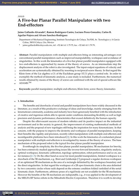 Pdf A Five Bar Planar Parallel Manipulator With Two End Effectors