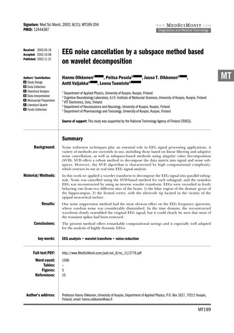 PDF EEG Noise Cancellation By A Subspace Method Based On Wavelet Decomposition