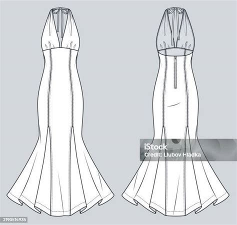 Godet 드레스 테크니컬 패션 일러스트레이션 홀터 맥시 드레스 패션 플랫 기술 도면 템플릿 지퍼 넥타이 슬림 핏 앞면과 뒷면
