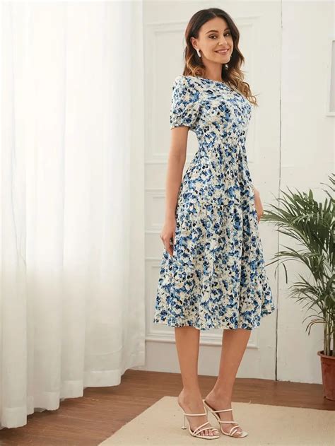 플로럴 프린트 크루넥 드레스 봄 여름을 위한 우아한 반소매 드레스 여성 의류 Temu Republic Of Korea