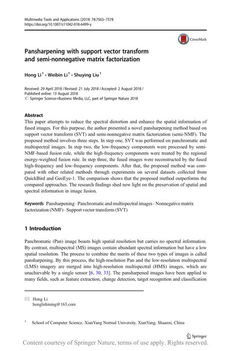 Pansharpening With Support Vector Transform And Semi Nonnegative Matrix Factorization