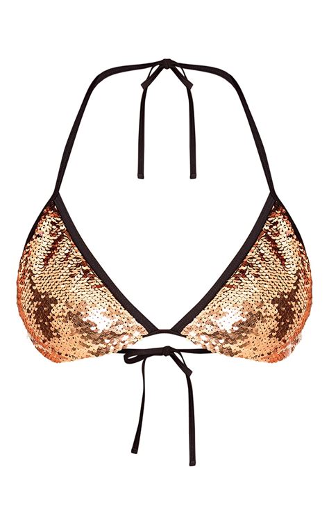 Caroline Bronze Sequin Triangle Bikini Top Prettylittlething