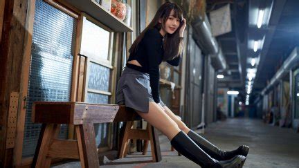 Asian Model Women Long Hair Dark Hair Sitting Black Boots