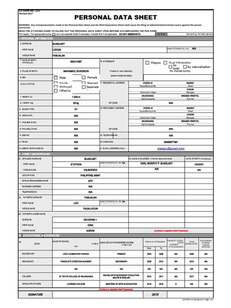 Long Cs Form No 212 Personal Data Sheet Excel Format Pdf Government