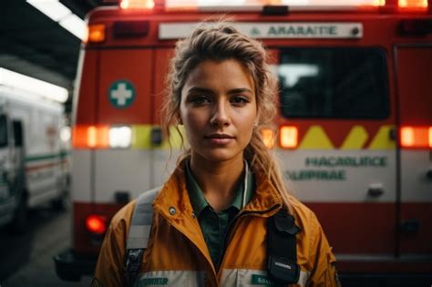 A Beautiful Female Emergency Medical Service Worker Looks Into The