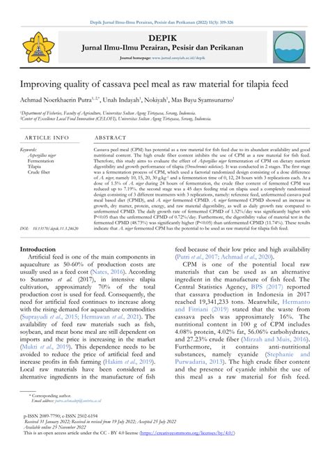 Pdf Improving Quality Of Cassava Peel Meal As Raw Material For