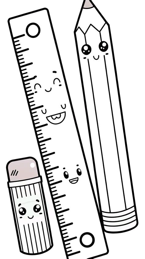 Back To School Fun Free Kawaii Pencil Ruler And Eraser Coloring Page