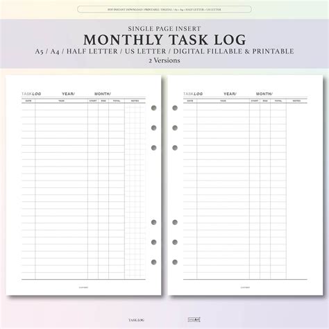 Task Log Planner Template Printable A A Half US Digital A