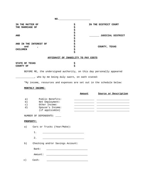Texas Affidavit Of Inability To Pay Costs Blank Fillable Template