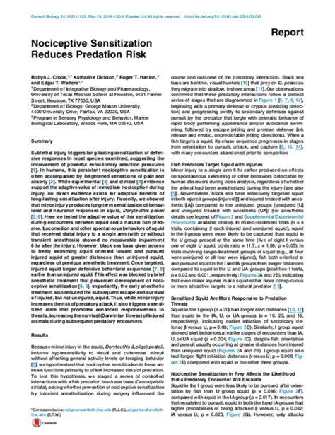 Pdf Nociceptive Sensitization Reduces Predation Risk