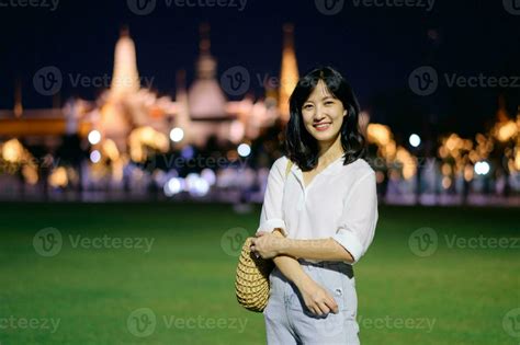 Portrait Young Beautiful Asian Woman Smiling While Travel At Temple Of