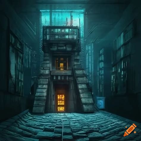 Dystopian Cyberpunk Prison Wall With Entry And Watchtower On Craiyon