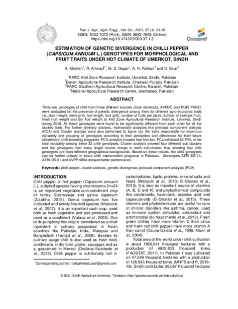 Pdf Estimation Of Genetic Divergence In Chilli Pepper Capsicum Annuum L Genotypes For
