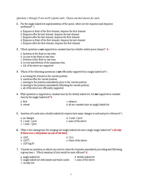Questions 1 Through 25 Are Worth 2 Points Each Choose One Best Answer For Each Pdf Queue