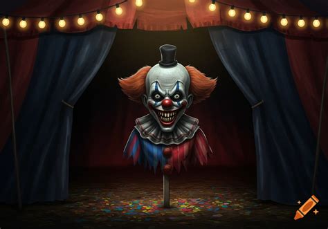 Creepy Clown Bust With Sharp Teeth Red Hair And Top Hat In A Dark