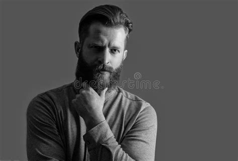 Portrait Of Serious Man Stroking Beard Bearded Man With Unshaven Face