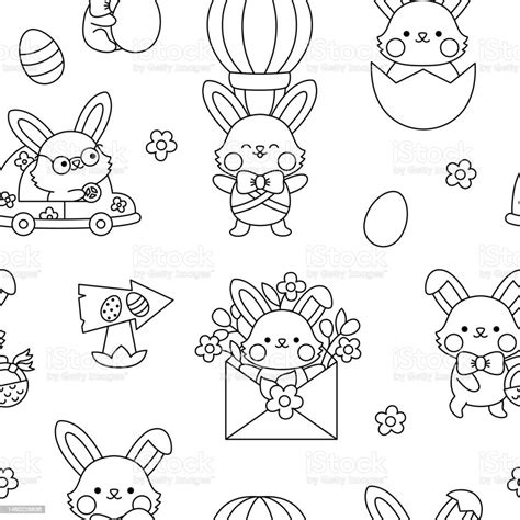 벡터 흑백 Kawaii 부활절 완벽 한 패턴은 재미 있는 토끼와 아이 들을 위한 완벽 한 패턴입니다 귀여운 봄 만화 반복 배경