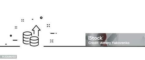 위쪽 화살표가있는 동전 더미 소득 돌멩이 이익 개인 성장 마케팅 비용 회계 돈 급여 달러 개념 한 줄 스타일 비즈니스 및 광고에 대한 벡터 라인 아이콘 가방에 대한 스톡