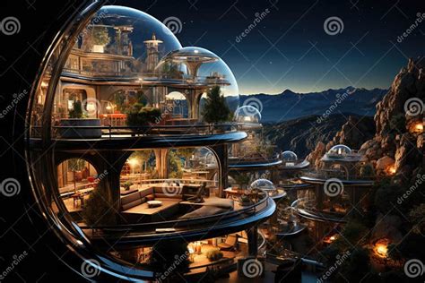 Human Settlement In Alien World With Green Plants Glass Dome Habitat Stock Image Image Of