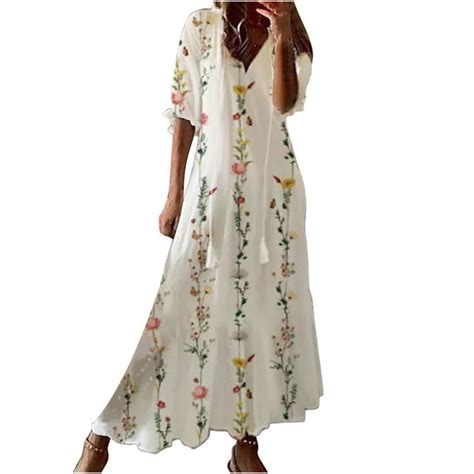Enjoytime Women Casual Loose Boho Floral Dress Elbow Length Sleeve Long