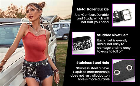 SNCEAW Studded Belt Metal Punk Rock Rivet Belt With Bright Pyramid Studded For Women Men At