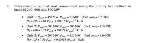 Solved 2 Determine The Optimal Unit Commitment Using The Chegg