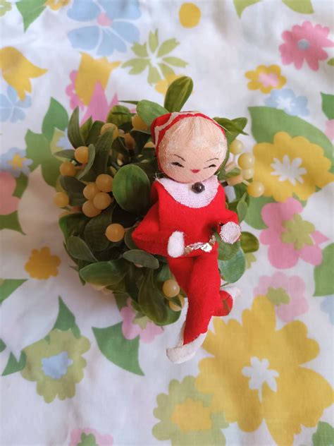Vintage Pixie Mistletoe Ornament Vintage Christmas Decoration Mid Century Japan Red Elf