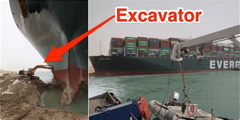 An Excavator Is Trying To Help Free A Ship Stuck In The Suez Canal But