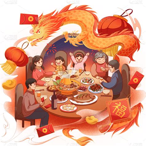 龙年春节新春新年过年除夕年夜饭阖家团圆场景组合元素素材