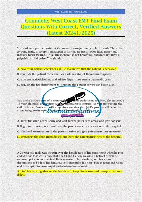 Complete West Coast Emt Final Exam Questions With Correct Verified Answers Latest 20241 2025