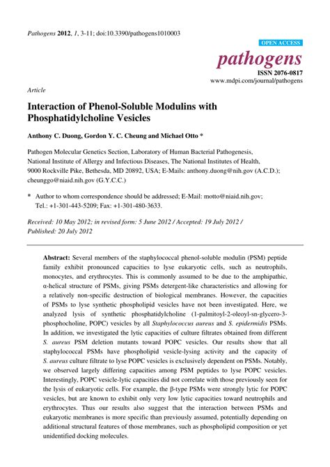 Pdf Interaction Of Phenol Soluble Modulins With Phosphatidylcholine Vesicles
