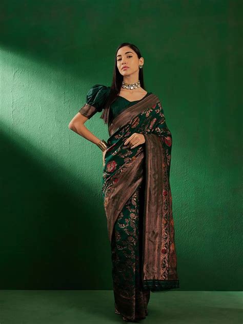 Bottle Green Color Weaving Work Faux Banarasi Silk Saree With Blouse