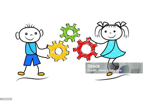 Roliga Stickman Pojke Och Flicka Håller Gears Tecknade Figurer Samarbete För Framgångsrika