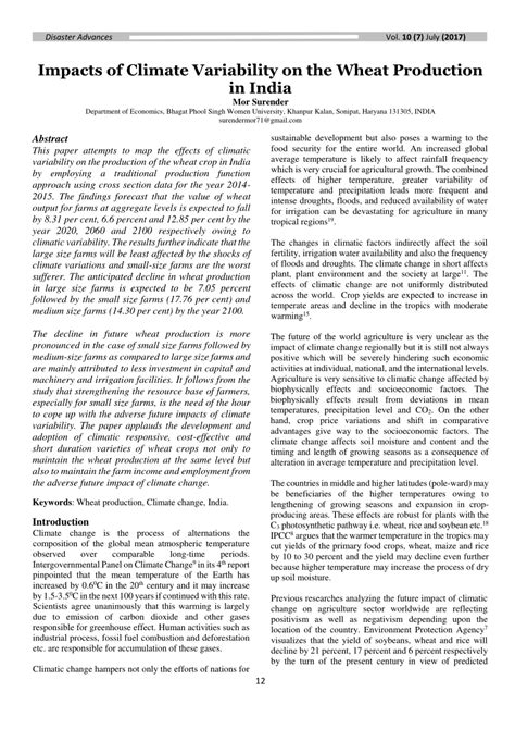 Pdf Impacts Of Climate Variability On The Wheat Production In India
