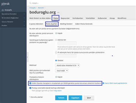 Plesk Panelde DKIM kaydı nasıl oluşturulur Boduroğlu