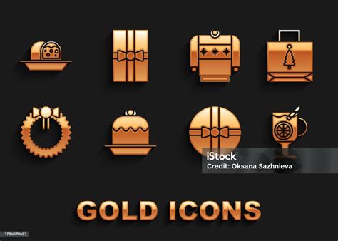 세트 케이크 크리스마스 종이 쇼핑백 음료 한 잔과 함께 Mulled 와인 선물 상자 화환 스웨터 마지팬 스폰지 케이크 및 아이콘 벡터 검은색에 대한 스톡 벡터 아트 및 기타