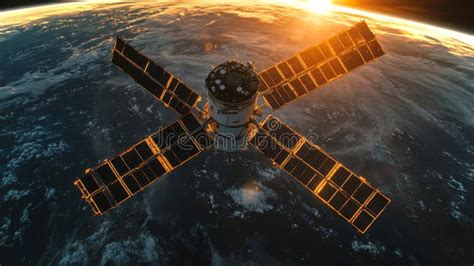 High Resolution Satellite In Orbit Capturing Cosmic Transmission During Sunset Above Earth S