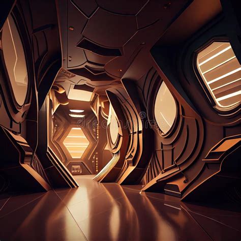 Futuristic Sci Fi Future Interior Of Dark Brown Hue With Beautiful