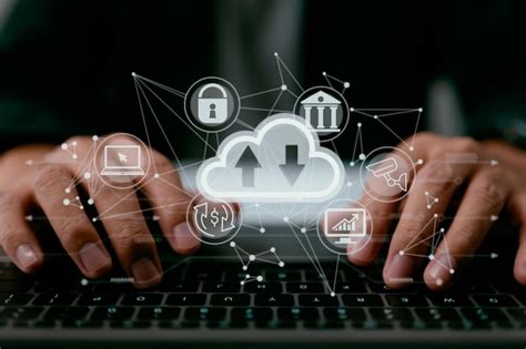 Premium Photo A Man Uses A Laptop That Displays A Schematic Of Cloud
