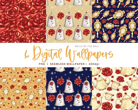 Belle And Beast Digital Wallpaper Seamless Png Designs Commercial Use