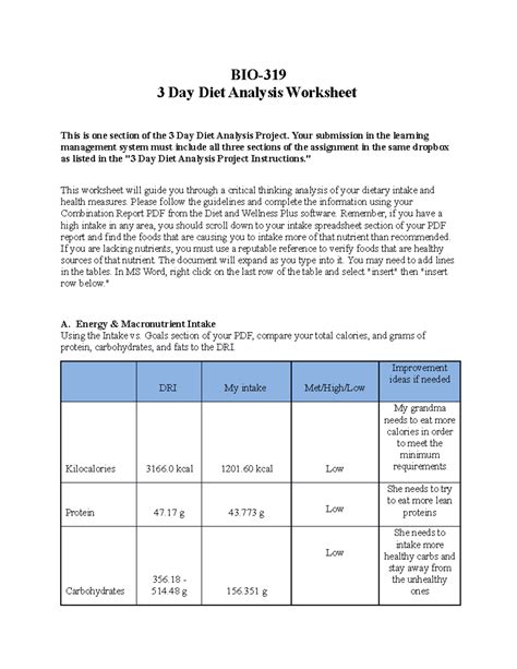 Diet Analysis Na Bio 3 Day Diet Analysis Worksheet This Is One